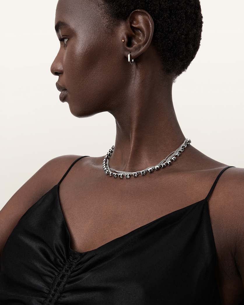 Joyce Dual Chain Necklace WARM SILVER/BLACK | ALLSAINTS